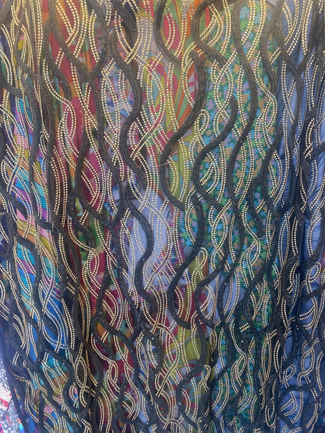 Wavy Stripe Design Back Gold Detail on Mesh 4 Way Stretch Fabrics Sold ...