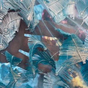 Ruffles Turquoise Blue Eyelashes Designs 2 Way Stretch Mesh Lace Fabric ...