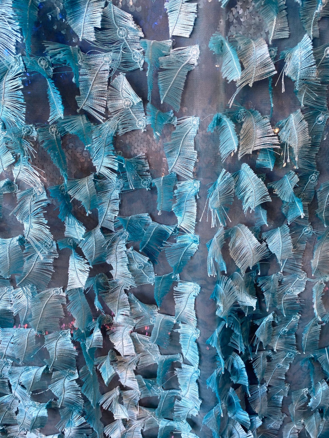 Ruffles Turquoise Blue Eyelashes Designs 2 Way Stretch Mesh Lace Fabric ...