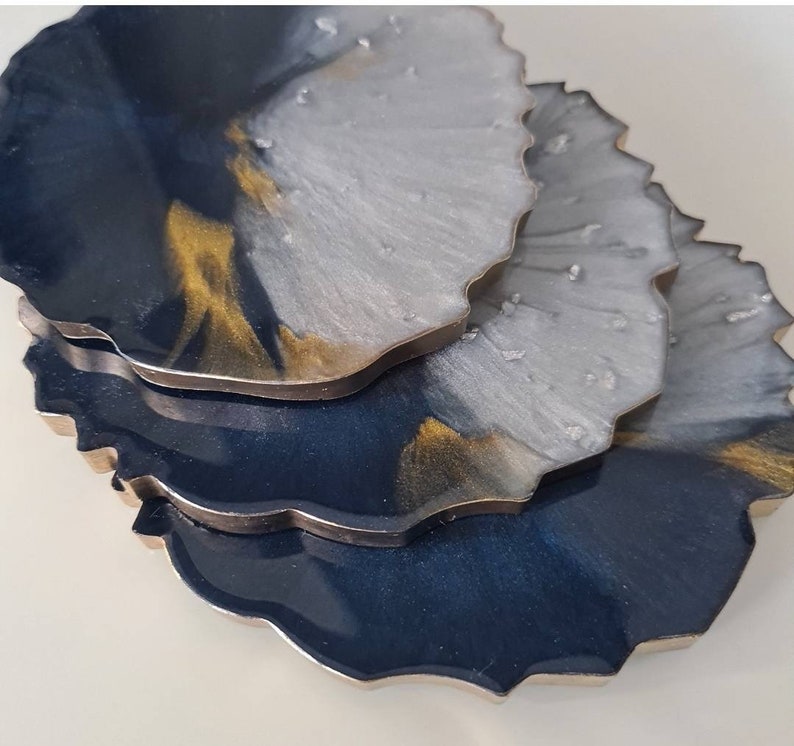 Handmade Navy Blue Silver & Gold Resin Coaster Midnight - Etsy