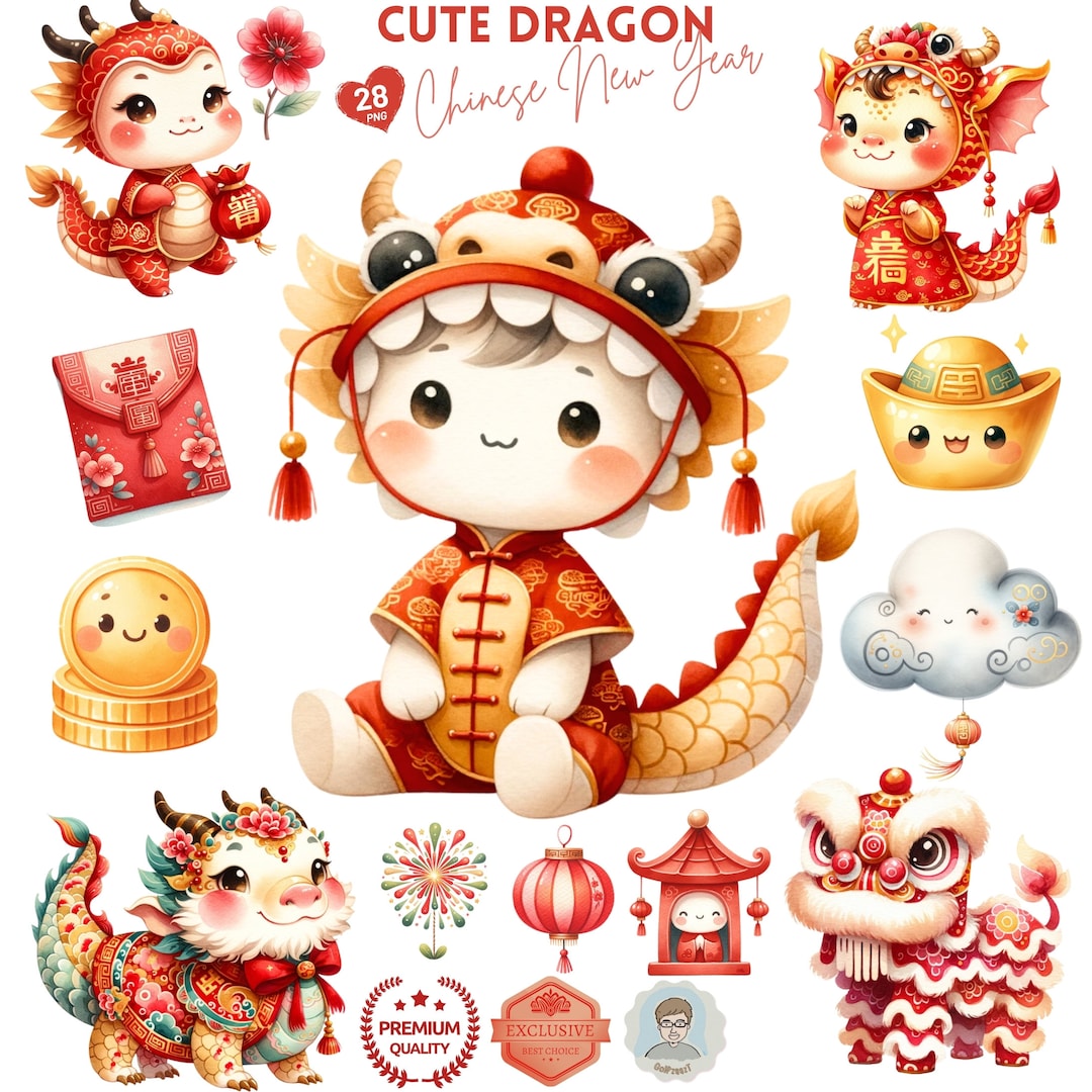 2024 Cute Dragon Clipart, Chinese New Year Watercolor Clipart, Lion ...