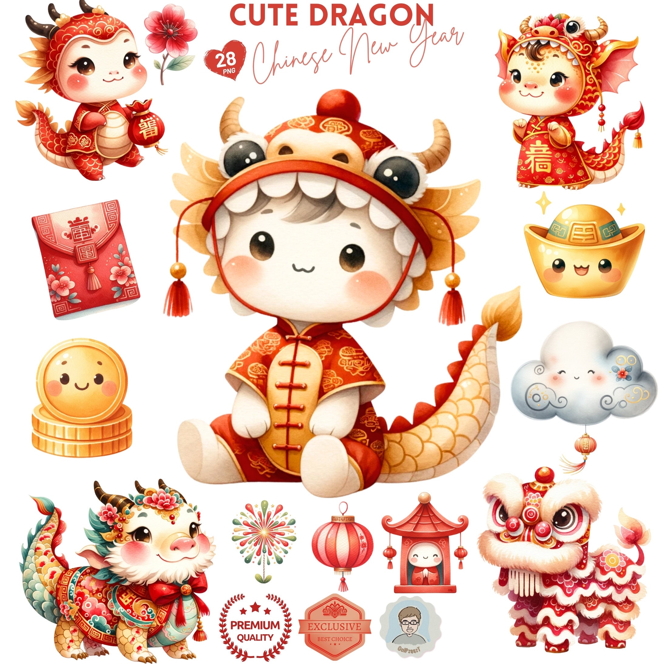 2024 Cute Dragon Clipart, Chinese New Year Watercolor Clipart, Lion ...