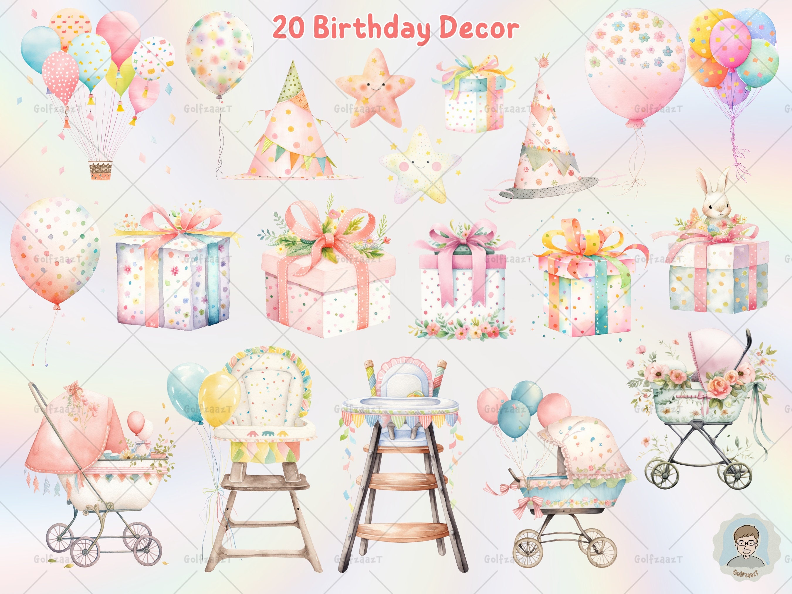 60 Watercolor Birthday PNG Clipart Bundle, Birthday Cake 1-9 Year Olds ...