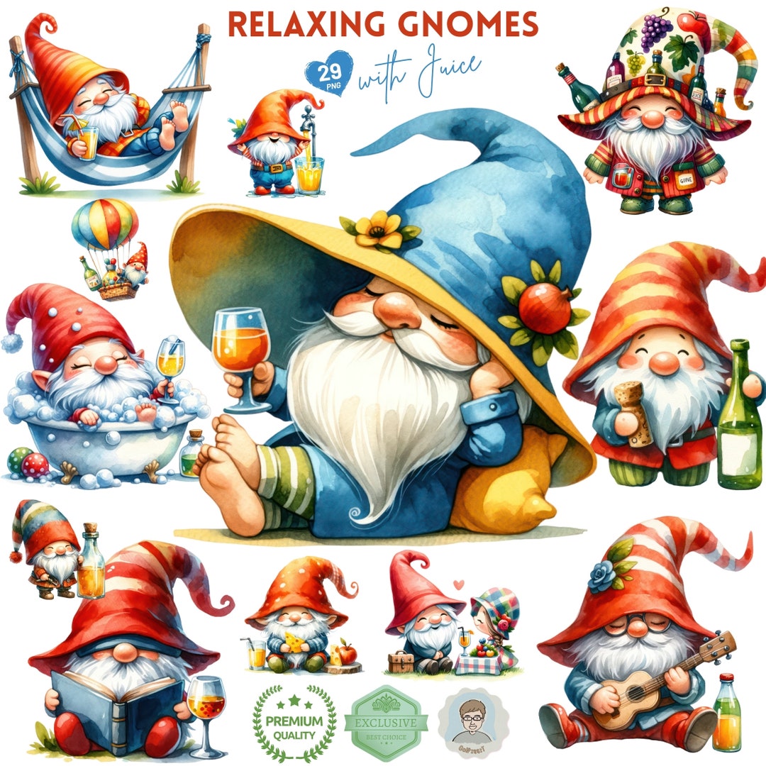 Relaxing Gnomes Clipart - Whimsical Gnomes With Juice PNG Collection ...