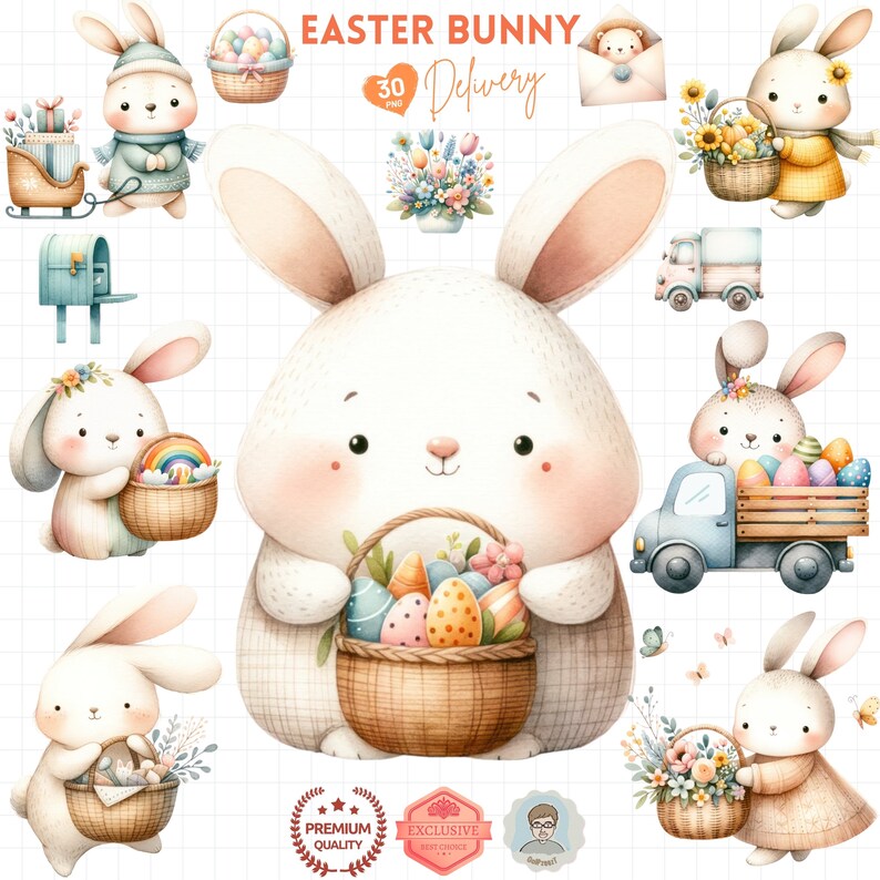 Easter Bunny Delivery Clipart, Adorable Springtime Bunny PNG Collection ...