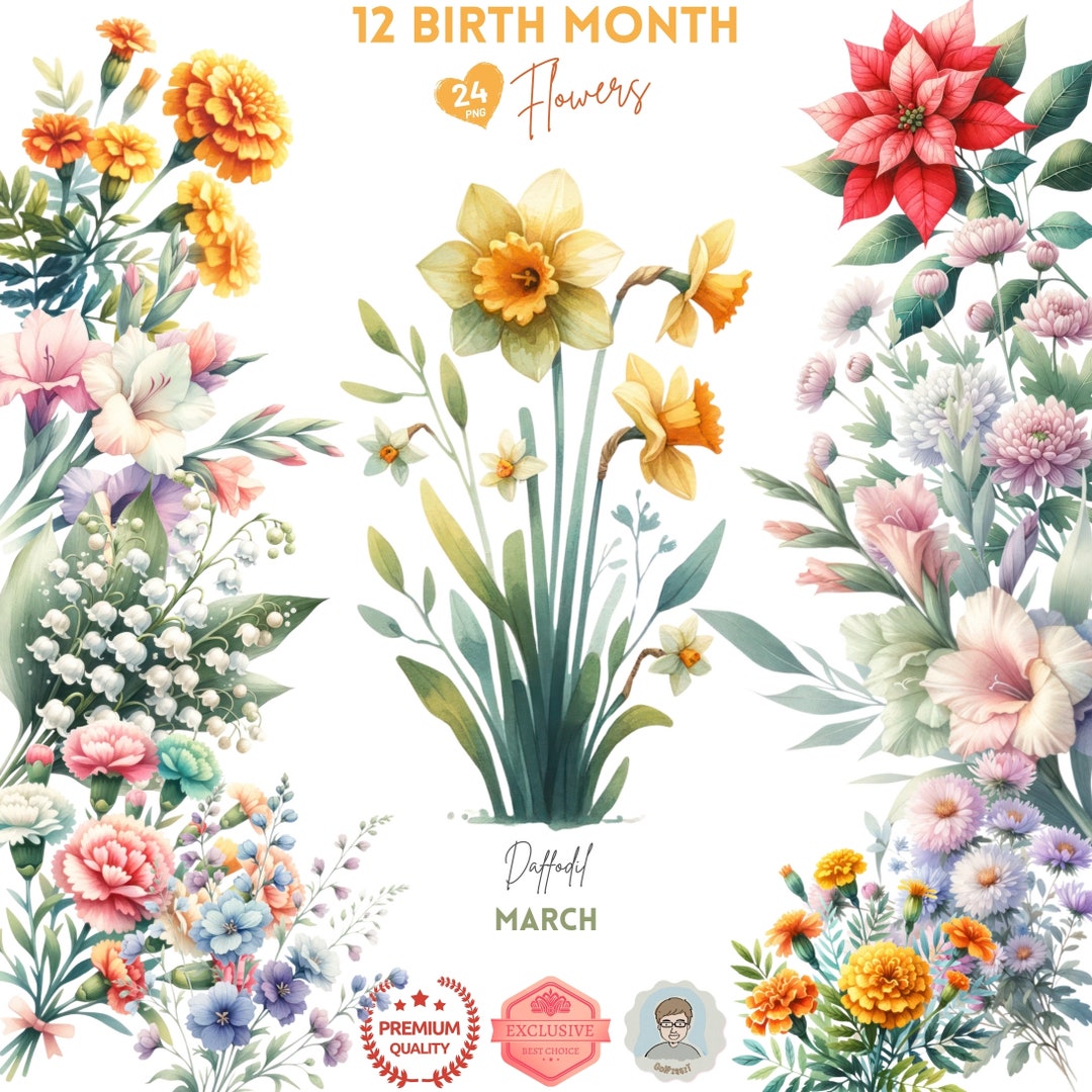 Watercolor Birth Month Flower Clipart, Bouquet, DIY Birth Flowers ...