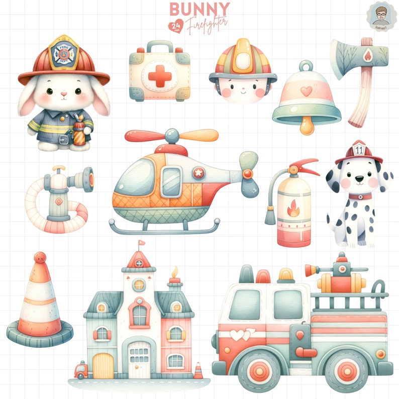 Brave Bunny Firefighter Clipart: Dalmatian PNG, Fire Safety (instant ...