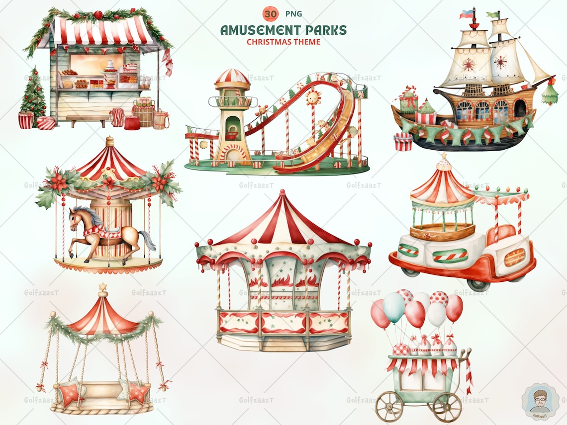 Watercolor Amusement Park, Circus Carnival, Christmas Theme, Attraction ...