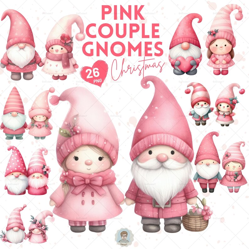Pink Christmas Couple Gnomes Clipart, Twain Gnomes, Couple Gnome in ...