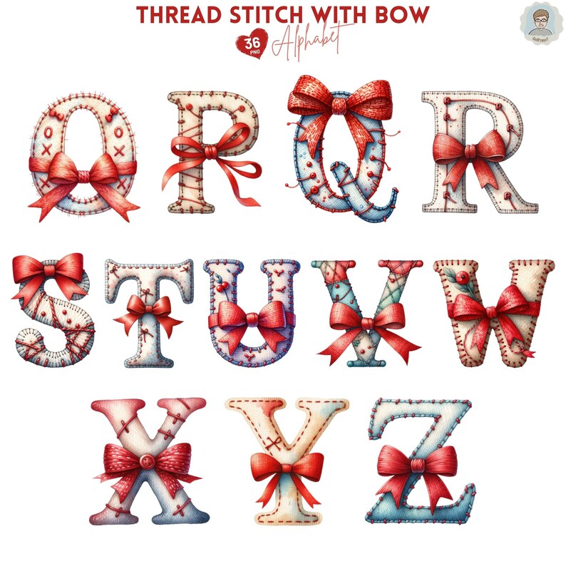 Stitch Alphabet With Red Bow Clipart, Embroidered Alphabet Bundle ...