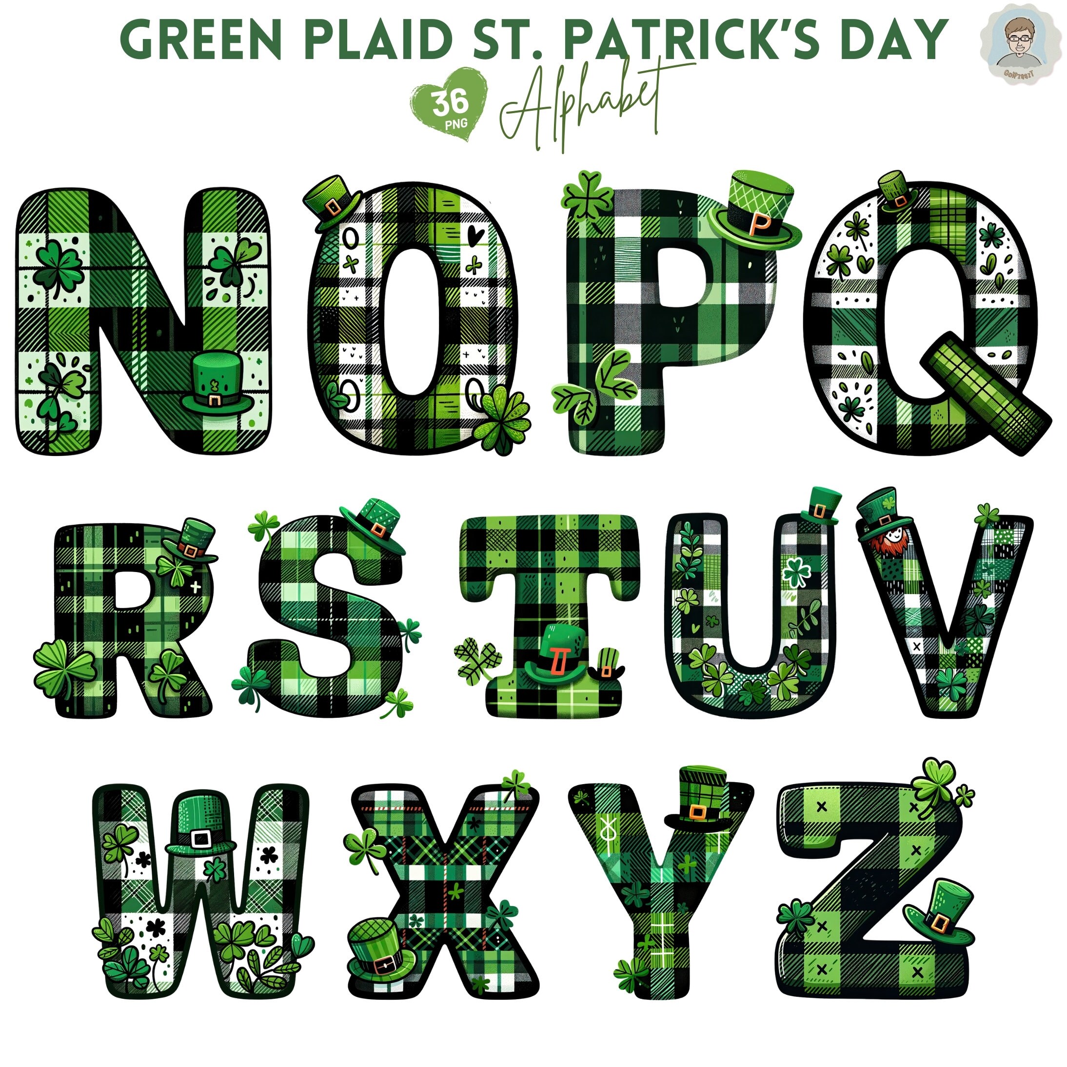 Green Buffalo Plaid St. Patrick's Day Alphabet Clipart, Letters-numbers ...