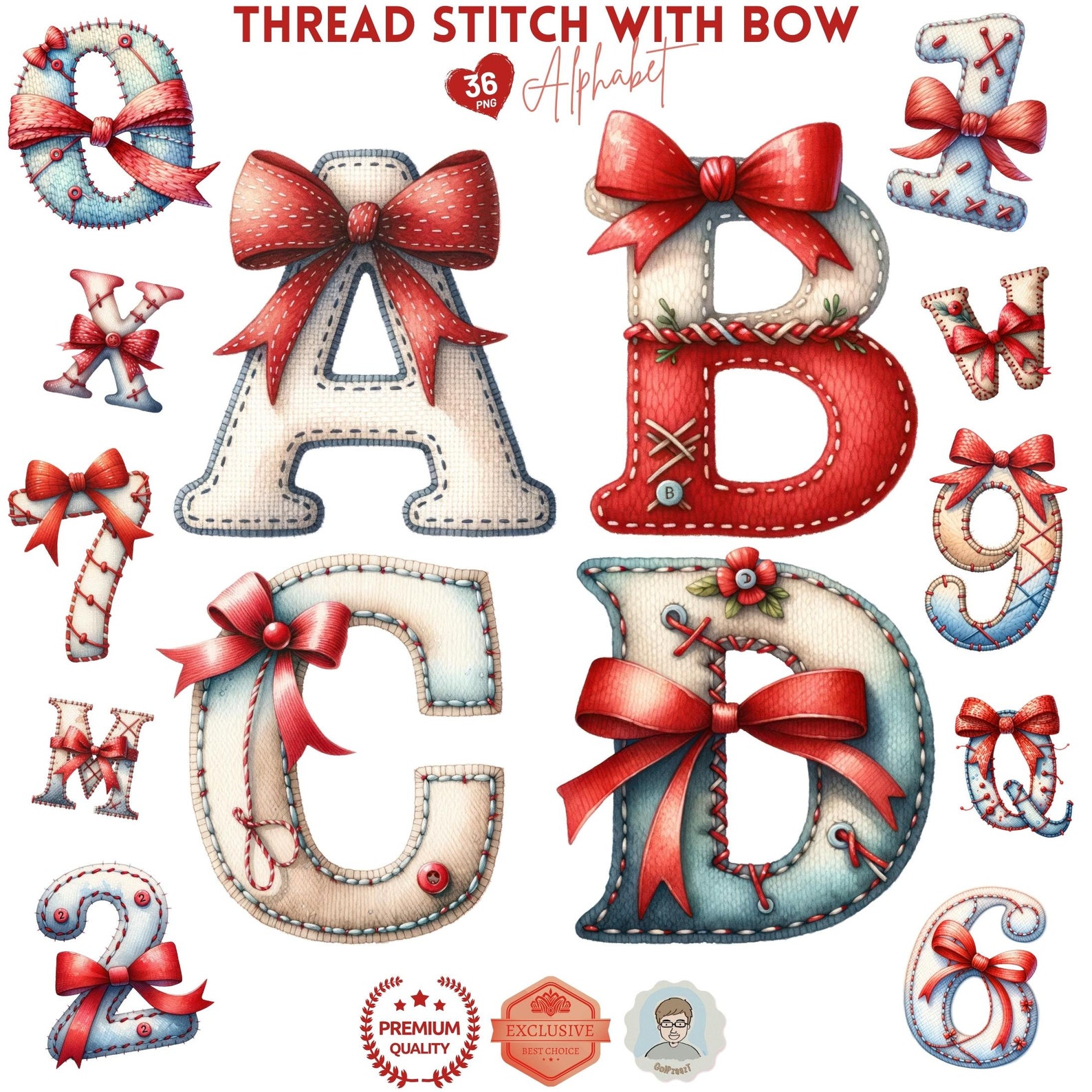 Stitch Alphabet With Red Bow Clipart, Embroidered Alphabet Bundle ...