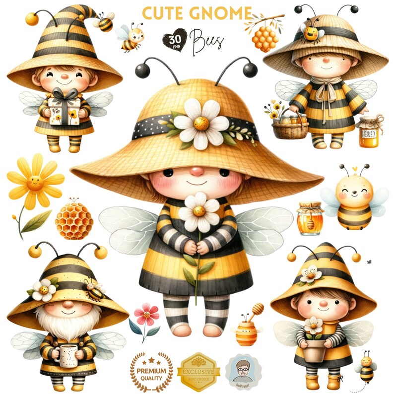 Cute Bumble Bee Gnomes Clipart, Bumble Bee Png, Honey Gnome ...