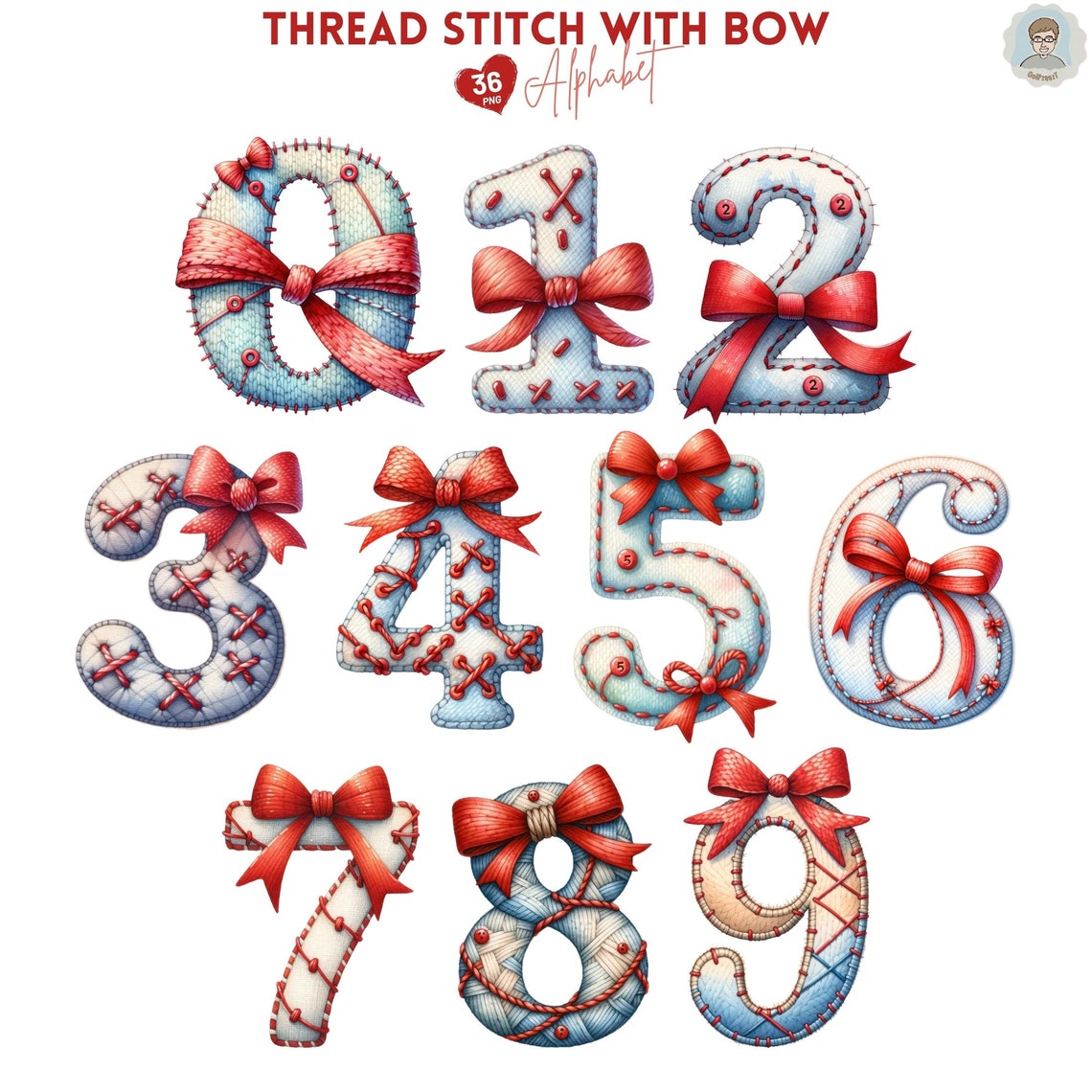 Stitch Alphabet With Red Bow Clipart, Embroidered Alphabet Bundle ...