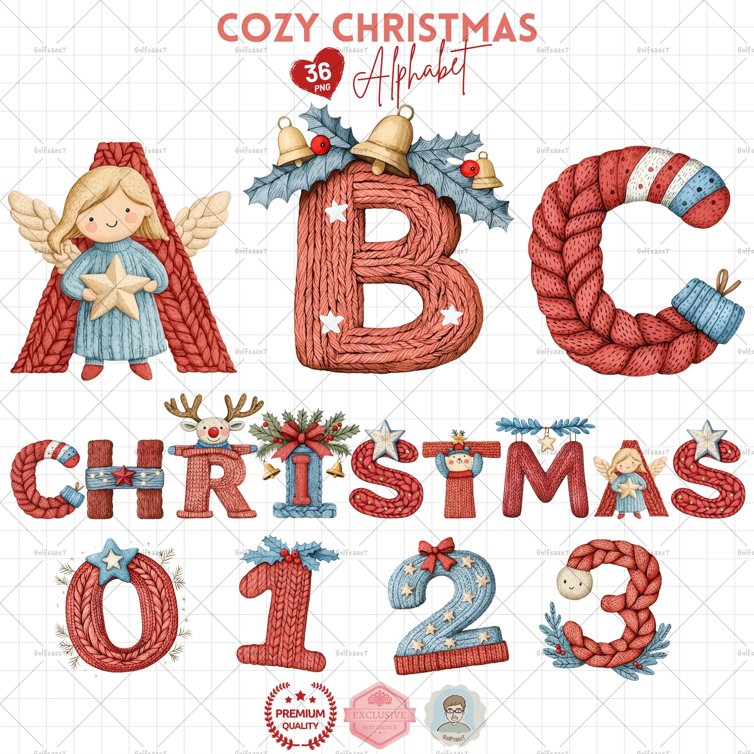 Knitted Christmas Alphabet Clipart: PNG Letters & Numbers (digital Font ...