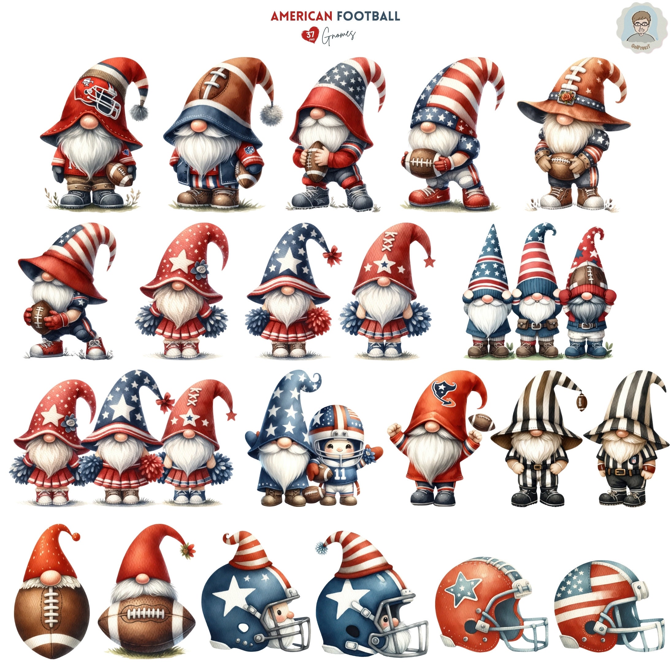 Cute Gnome Watercolor American Football Clipart, Gnomes Illustrations ...