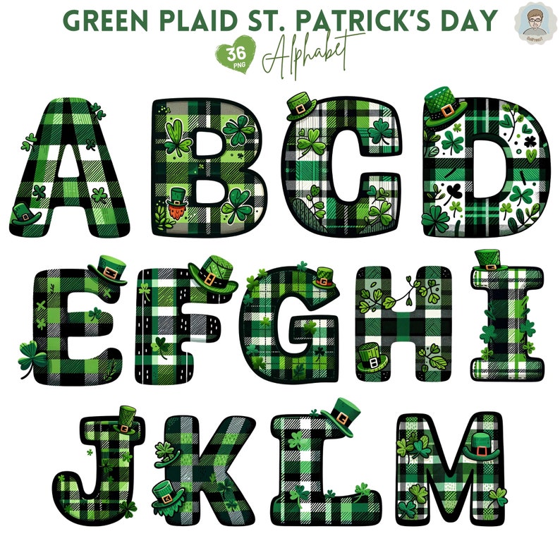 Green Buffalo Plaid St. Patrick's Day Alphabet Clipart, Letters-numbers ...
