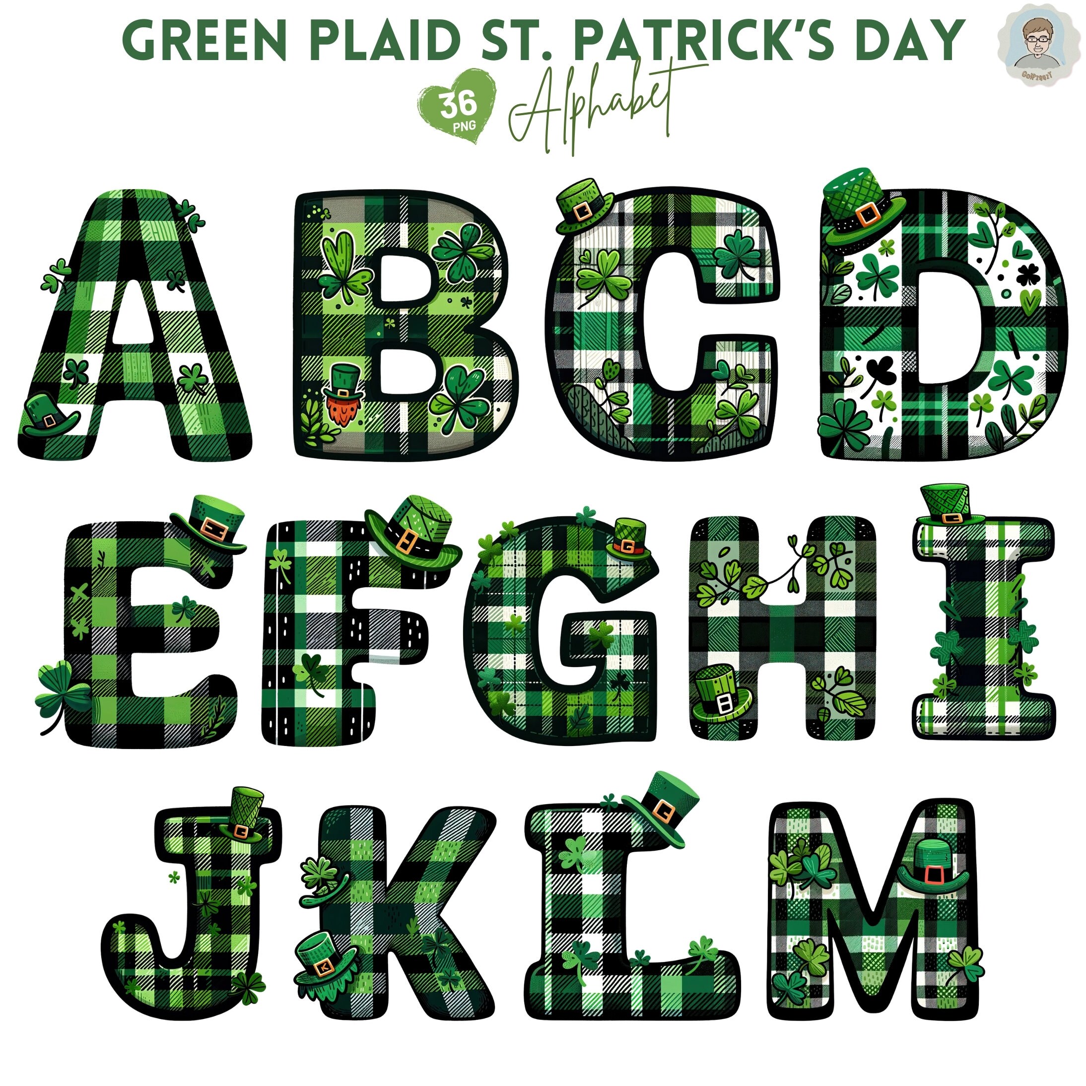 Green Buffalo Plaid St. Patrick's Day Alphabet Clipart, Letters-numbers ...