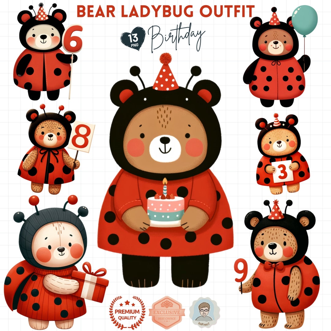Birthday Bear Ladybug Costume Clipart: Kids Party Theme - Etsy
