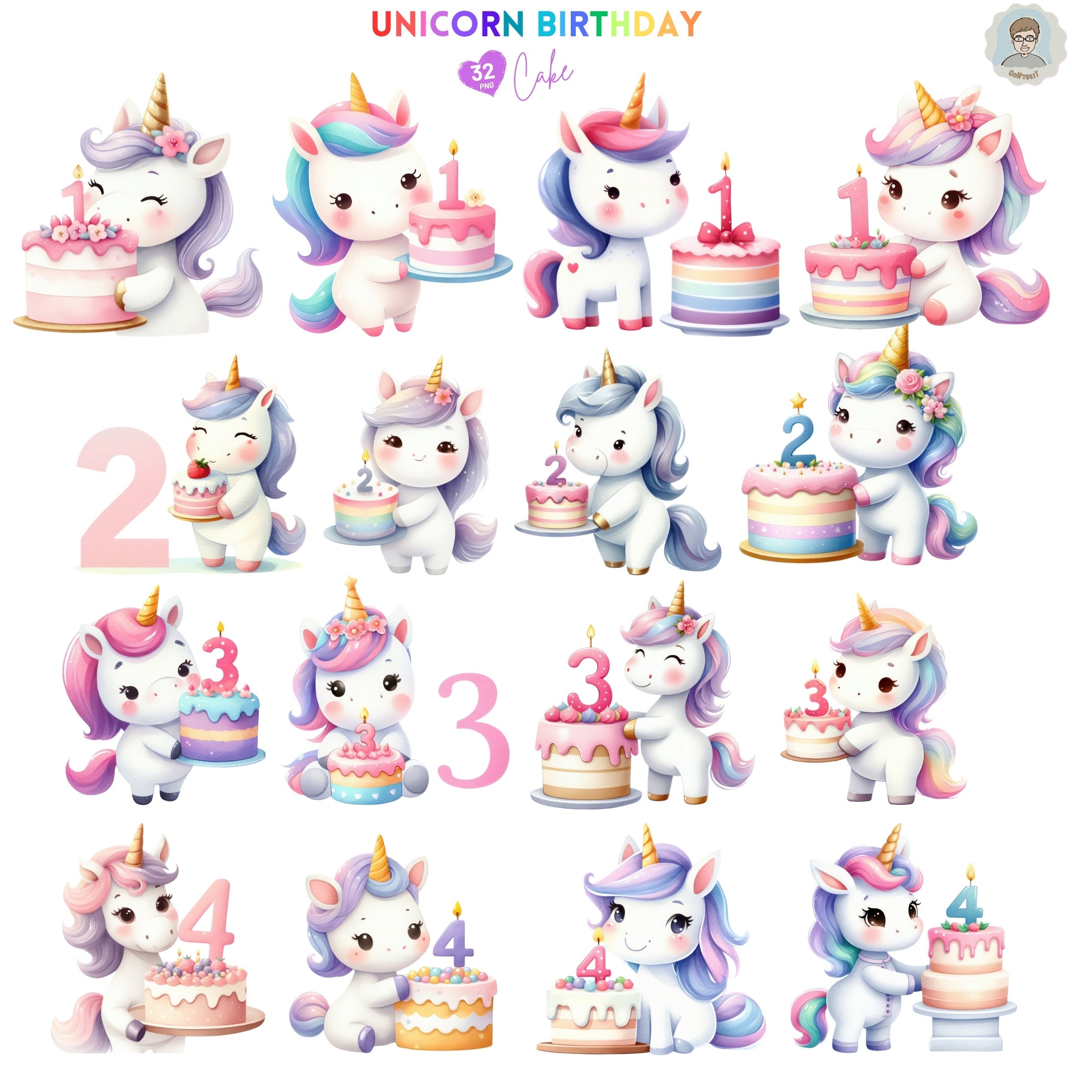 Watercolor Unicorn Birthday PNG Clipart, Birthday Cake 1-9 Year Olds ...