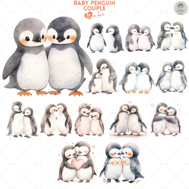 Watercolor Penguin Couple, Baby Penguins Clipart, Romantic Animal ...