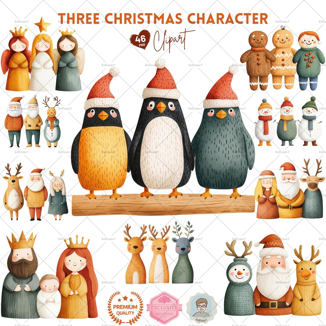 Three Christmas Character, Three Penguins, Christmas Nativity Scene ...