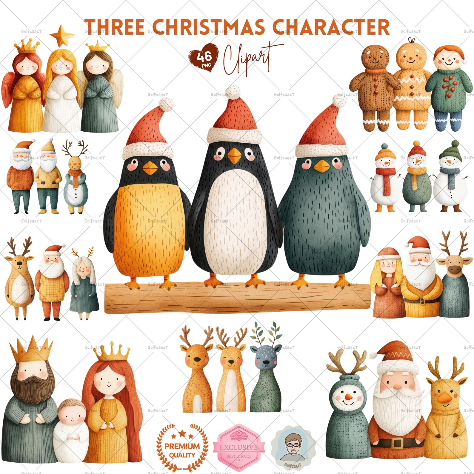 Christmas Character Clipart Bundle: 46 Pngs, Penguins, Reindeer ...