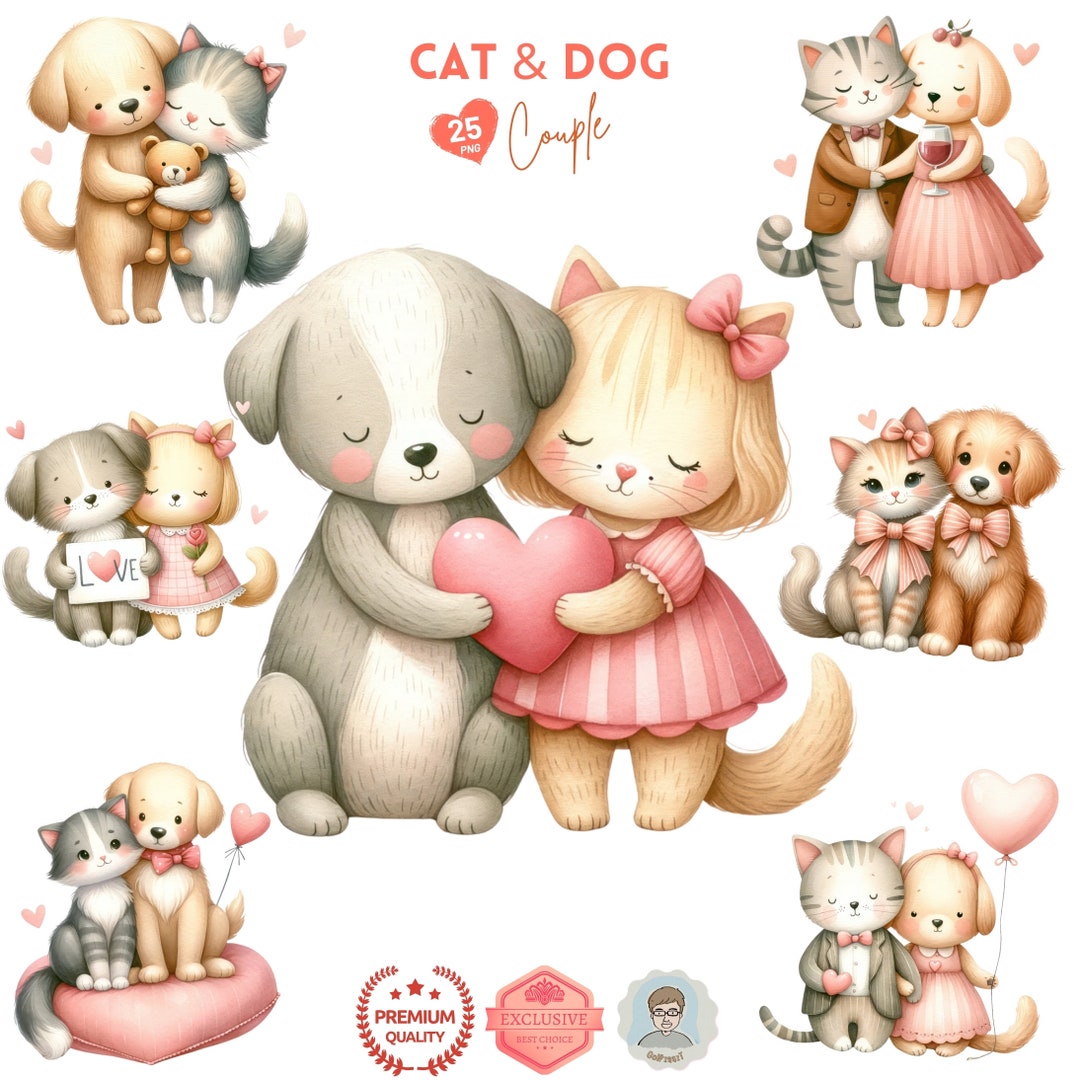 Watercolor Cats and Dogs in Love Clipart, Cat-dog Couple Png, Romantic ...
