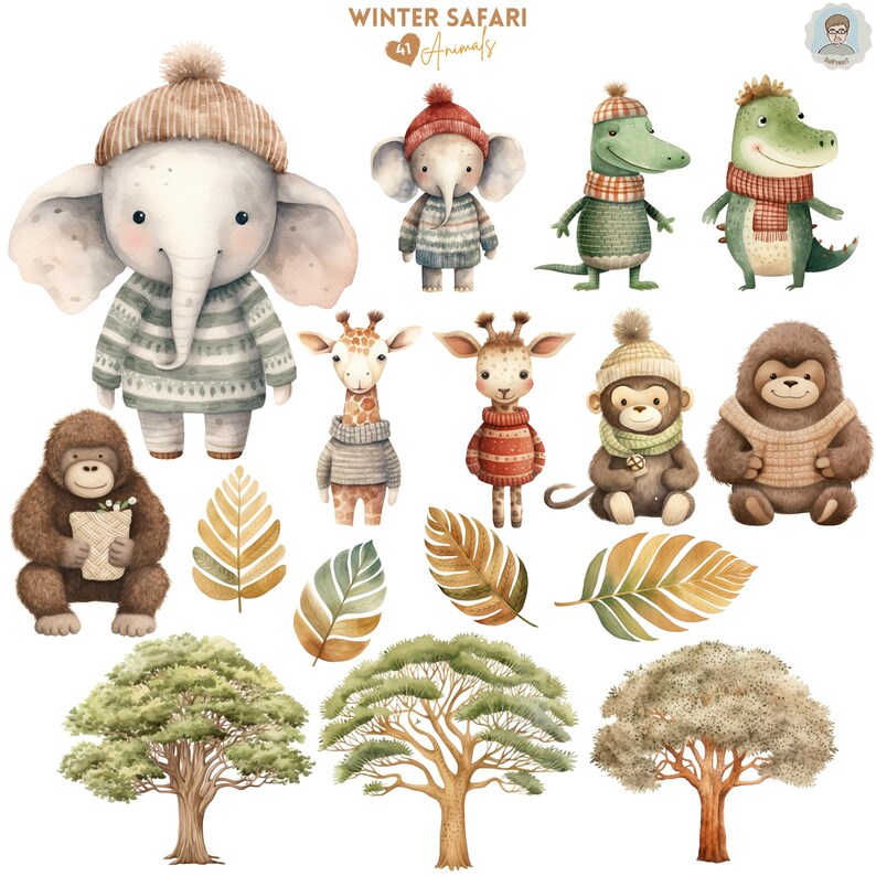 Winter Safari Baby Animal Clipart, Jungle Animal Nursery, Watercolor ...