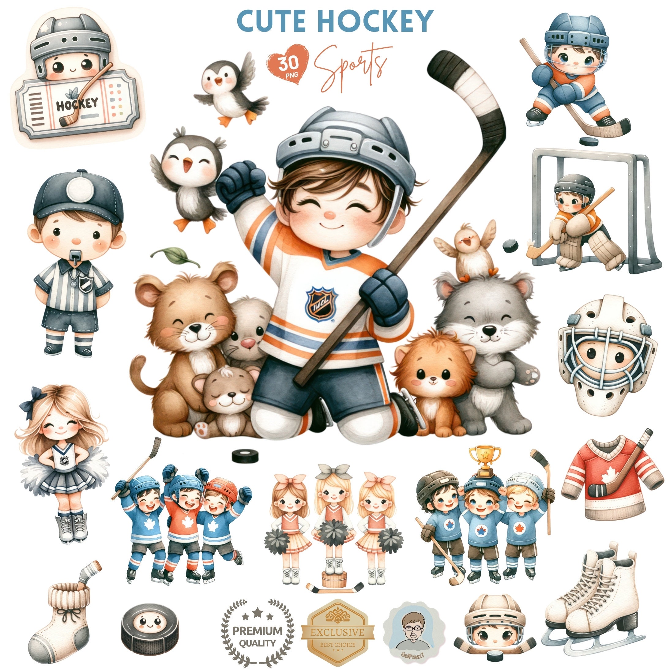 Adorable Hockey Sports Clipart, Ice Hockey Themed Digital PNG, Hockey ...