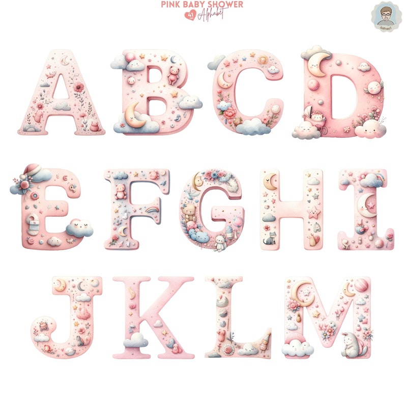 Pink Baby Shower Nursery Alphabet, Children Birthday Nursery Letters ...