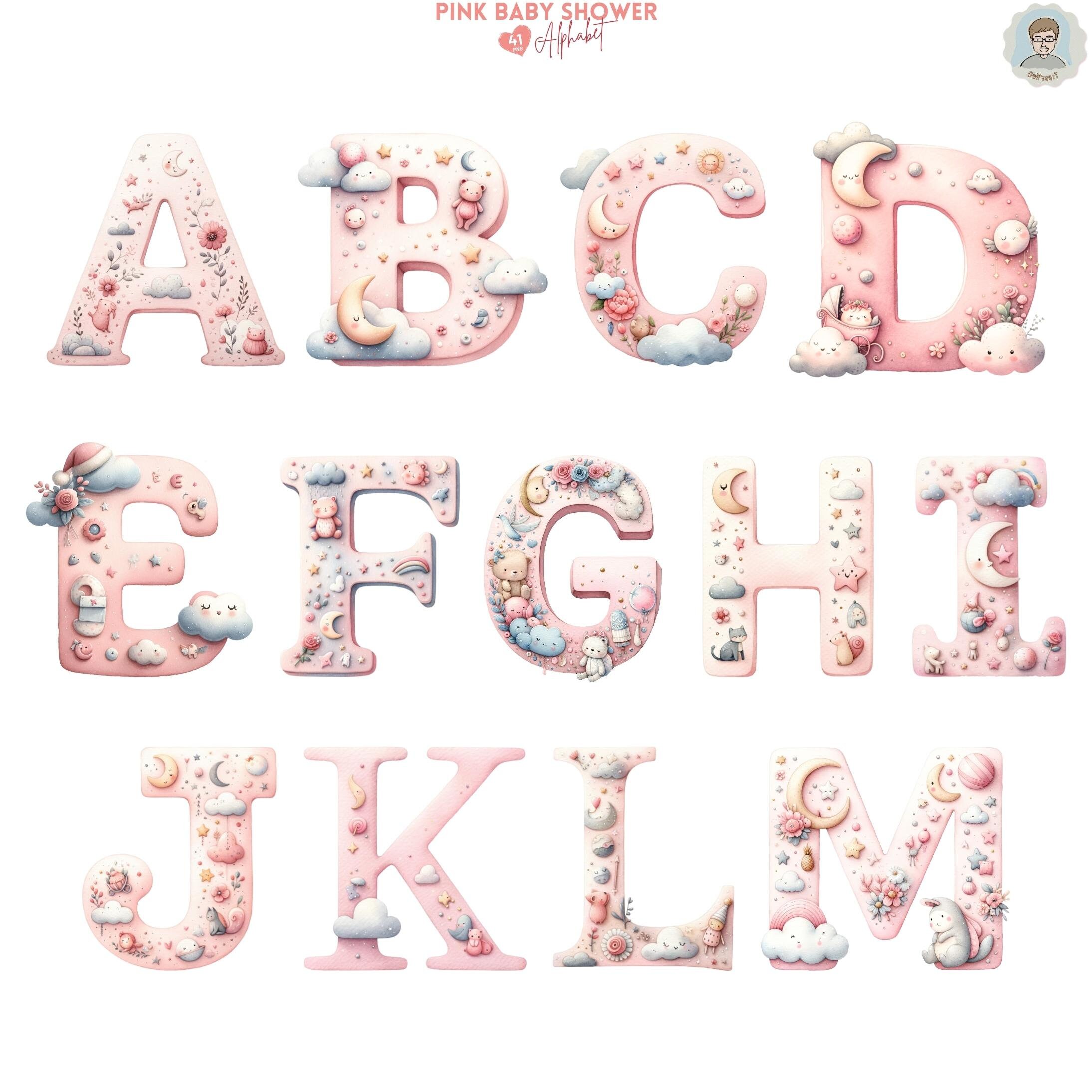 Pink Baby Shower Nursery Alphabet, Children Birthday Nursery Letters ...