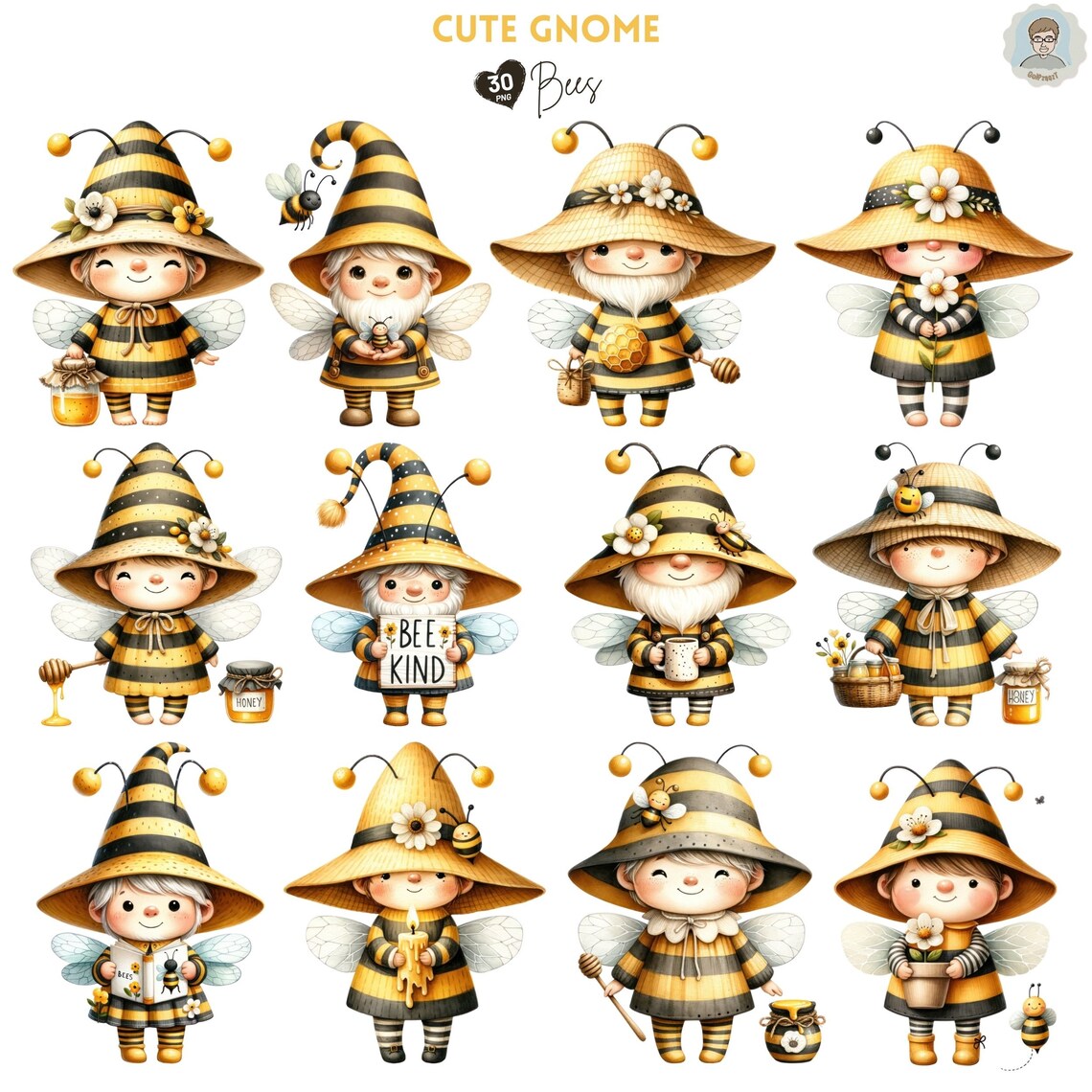 Cute Bumble Bee Gnomes Clipart, Bumble Bee Png, Honey Gnome ...
