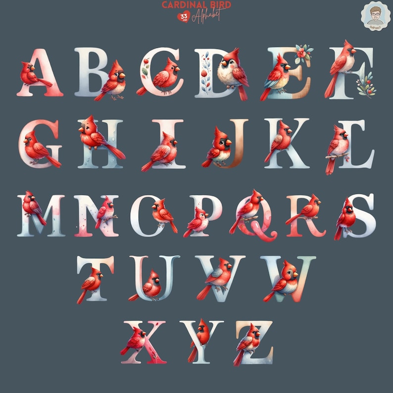 Watercolor Red Cardinal Bird Alphabet, A-Z Cardinal Letters, Red ...