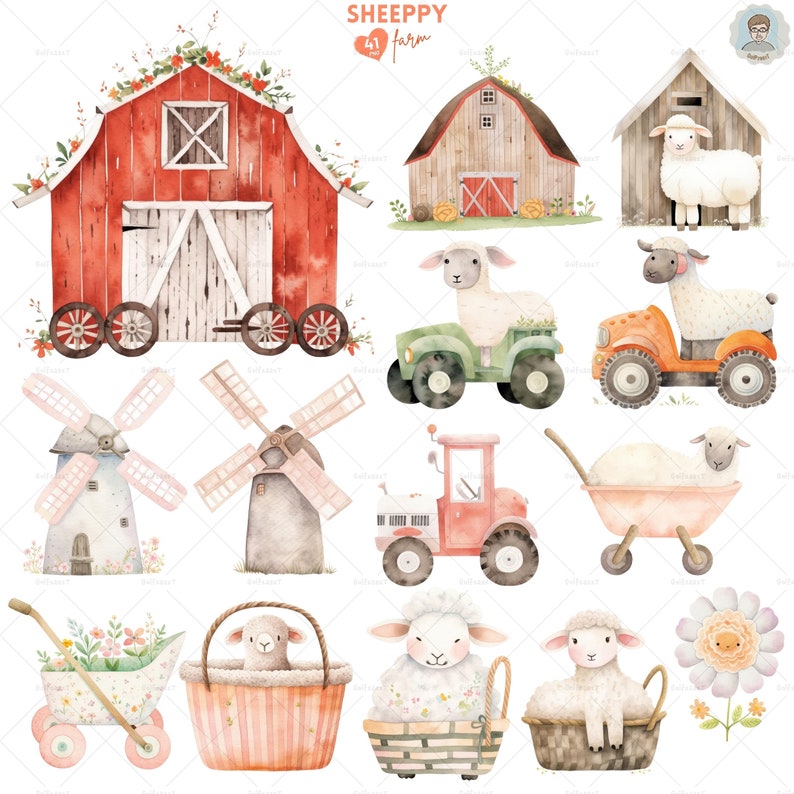 Cute Sheep Farm Clipart, Farm Animals Watercolor PNG, Sheep Farmer ...