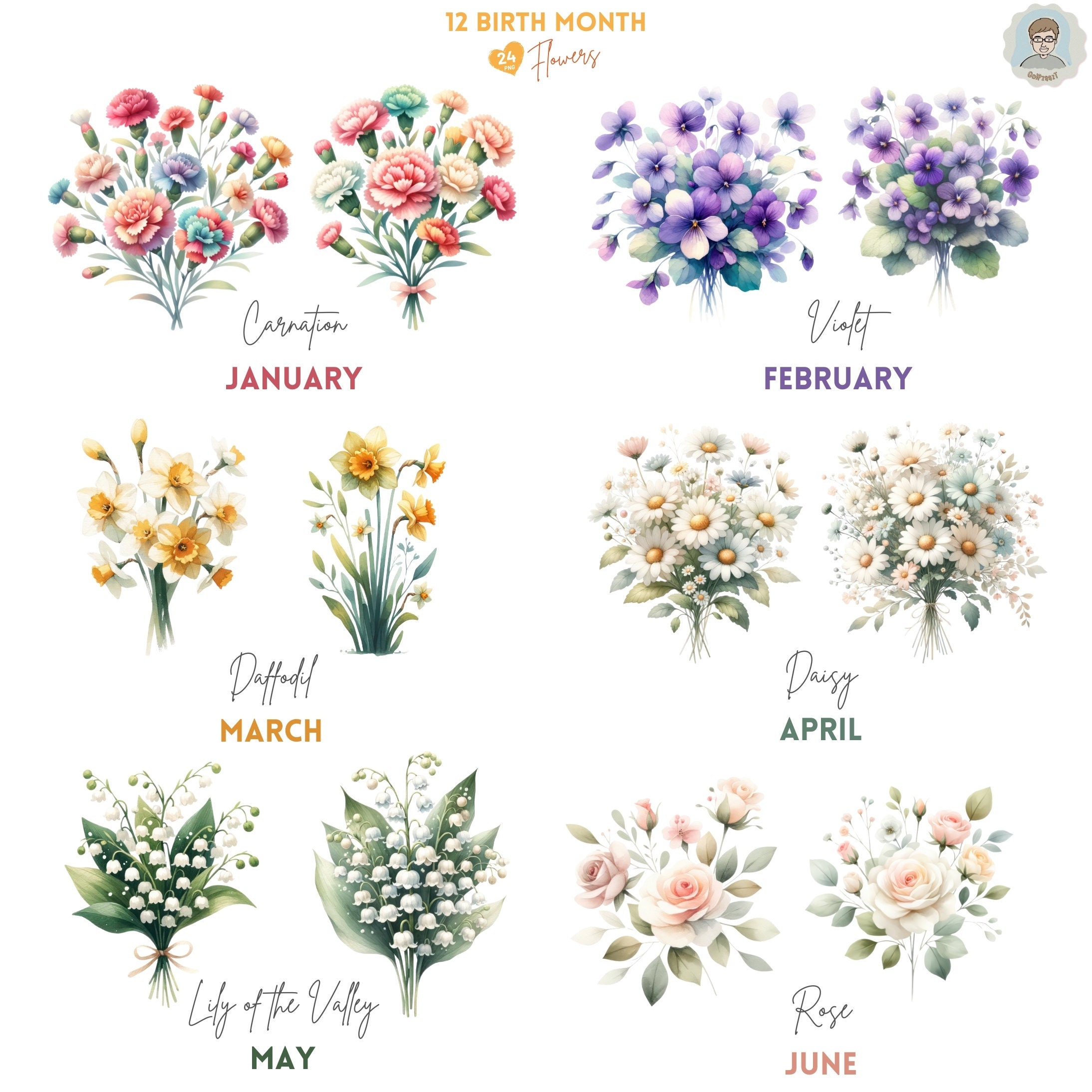 Watercolor Birth Month Flower Clipart, Bouquet, DIY Birth Flowers ...