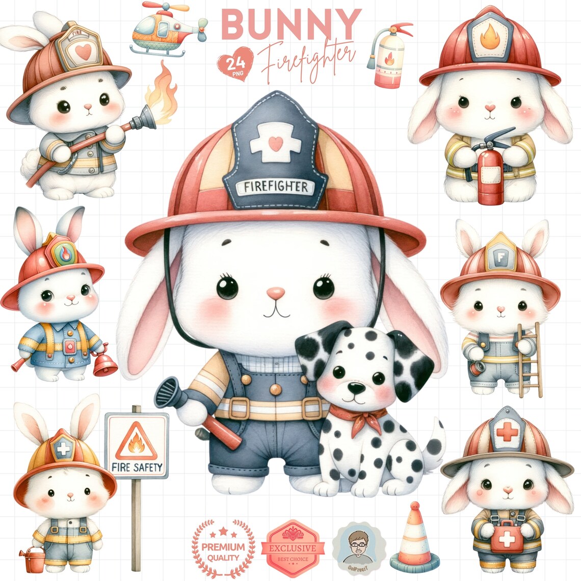 Brave Bunny Firefighter Clipart Collection, Heroic Bunny Dalmatian PNG ...
