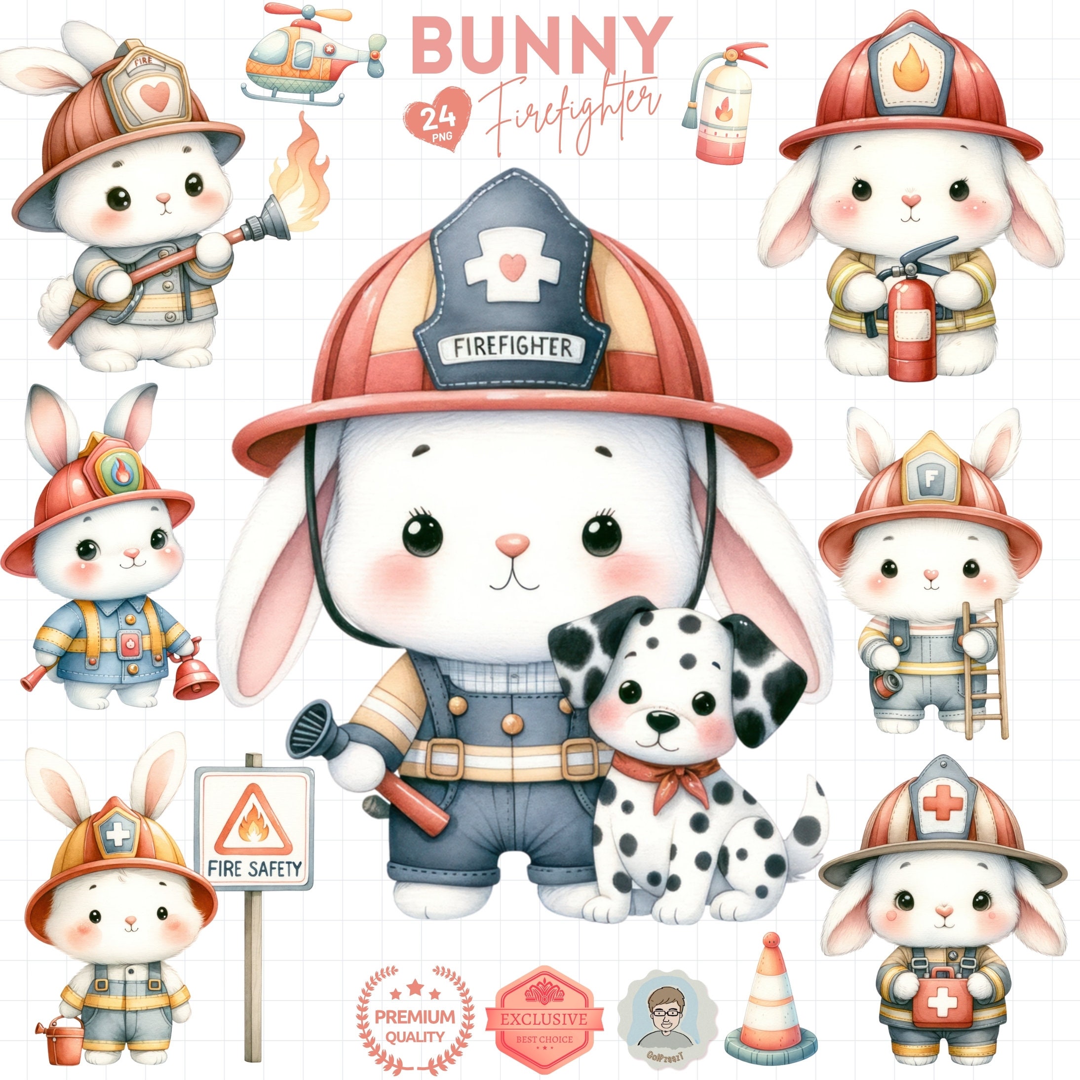Brave Bunny Firefighter Clipart: Dalmatian PNG, Fire Safety (instant ...