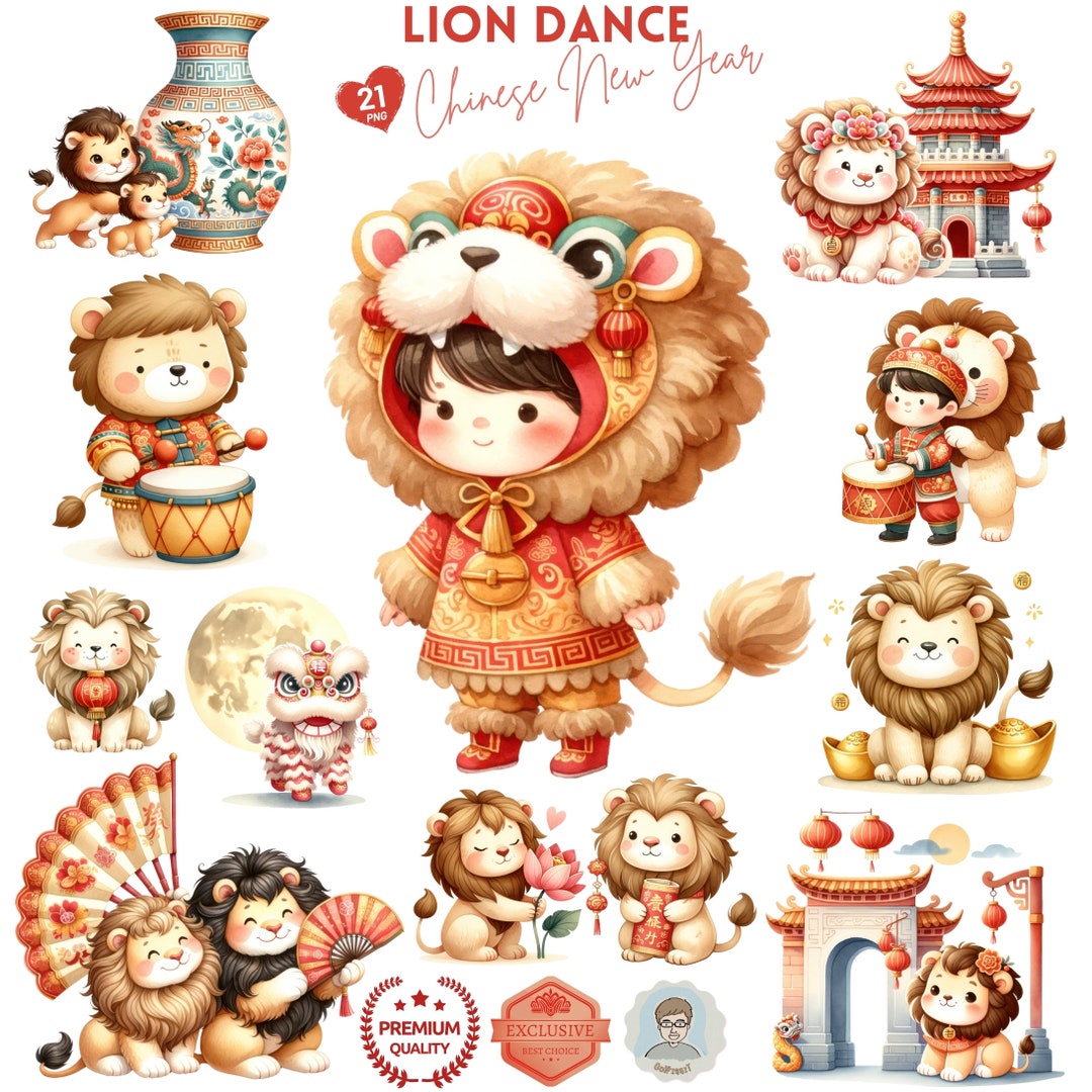 Lion Dance, 2024 Cute Chinese New Year Watercolor Clipart, Traditional ...
