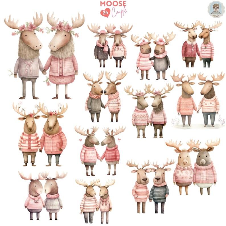 Cute Moose Couple Watercolor Clipart, Deer, Christmas Sublimation ...