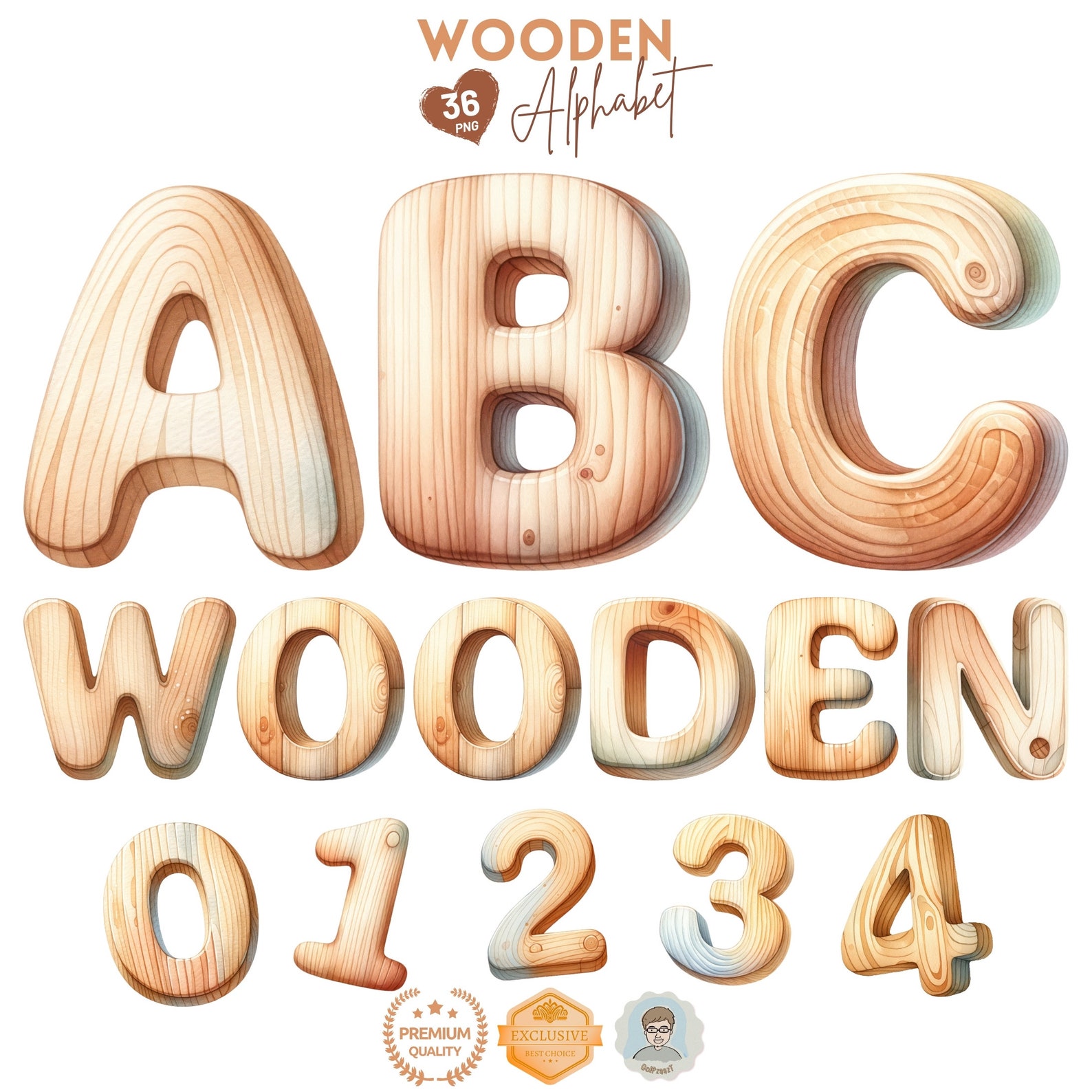 Wooden Alphabet and Numbers Clipart - Realistic Wood Texture PNG ...
