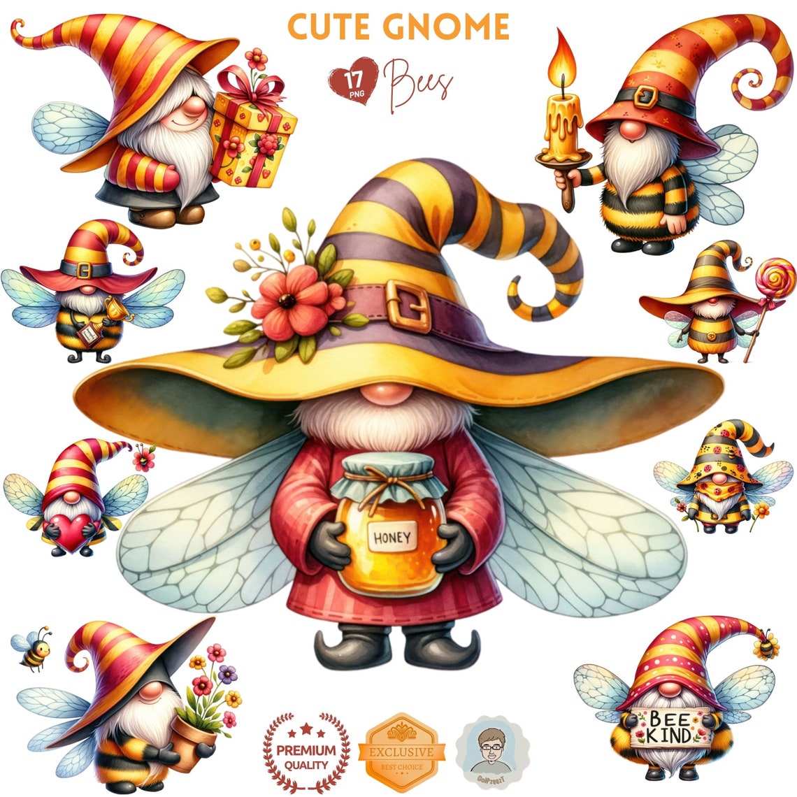Cute Bumble Bee Gnomes Clipart, Bumble Bee Png, Honey Gnome ...
