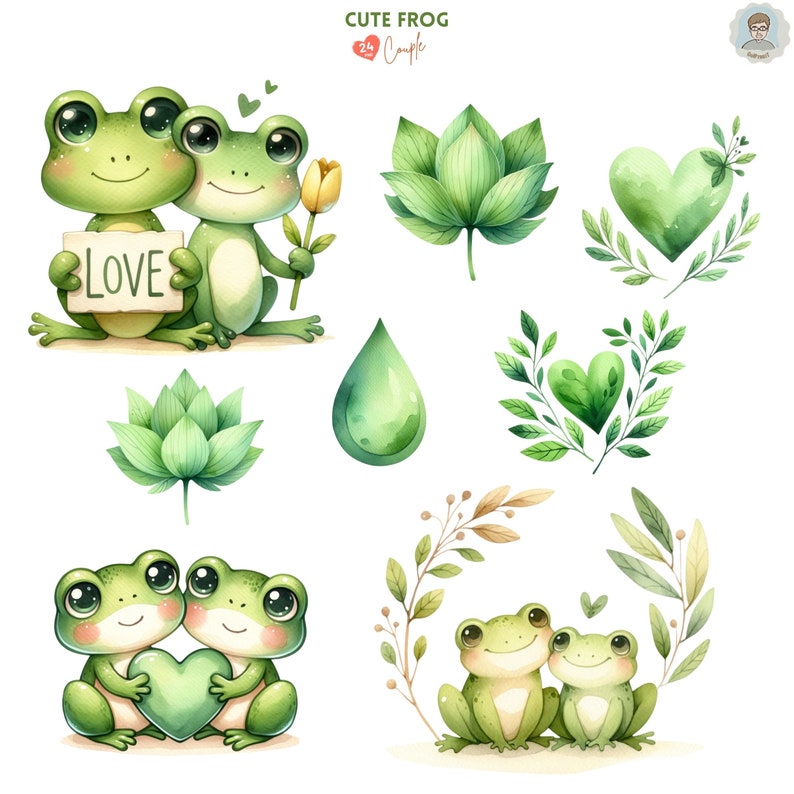 Cute Couple Frog Clipart, Watercolor Wetlands Clipart, Love Frog ...