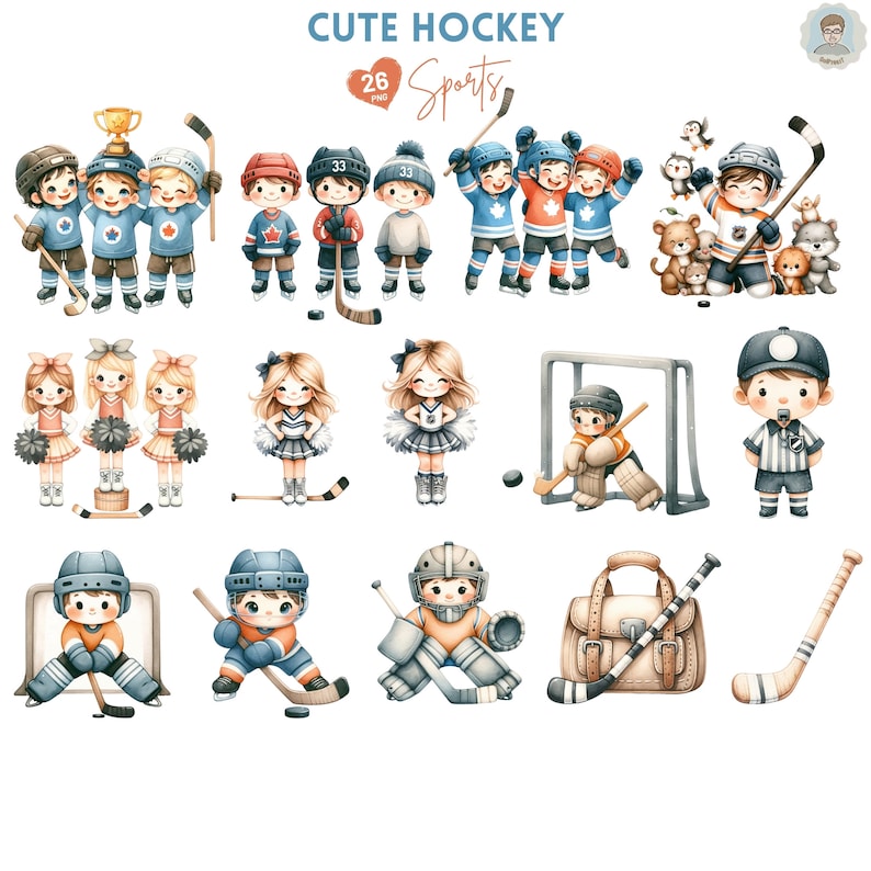 Adorable Hockey Sports Clipart, Ice Hockey Themed Digital PNG, Hockey ...