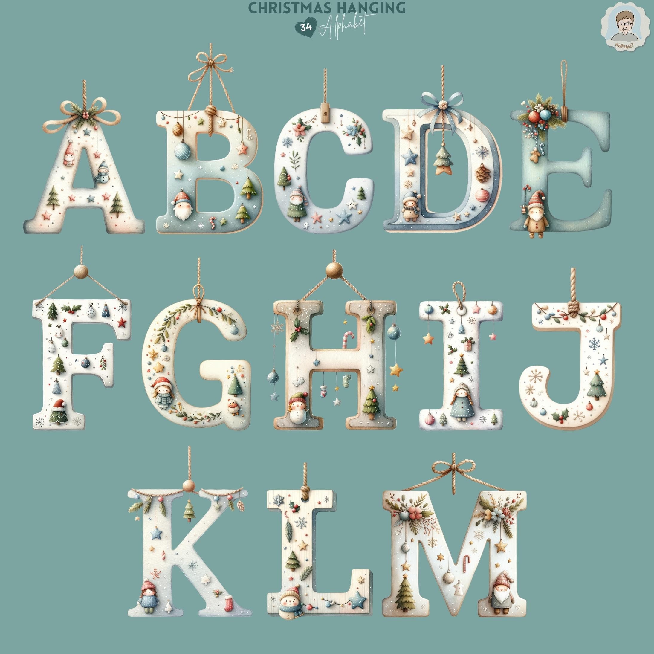Nursery Christmas Hanging Letters, Font Alphabet Clipart PNG Set ...