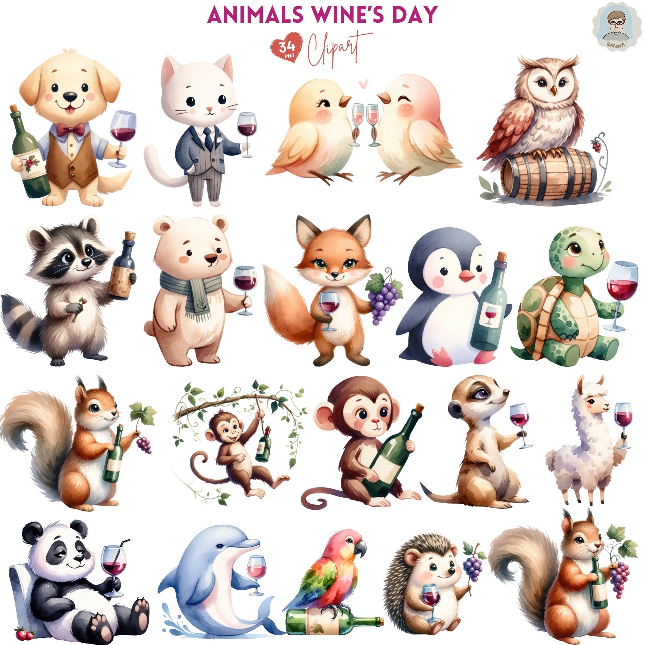 Animals Wine's Day Clipart, Adorable Creatures With Wine PNG Collection ...