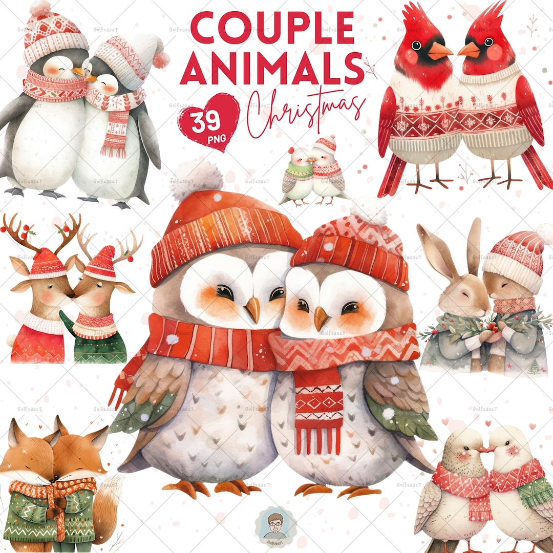 Watercolor Christmas Animal Couple, Romantic Animal Clipart, Romantic ...