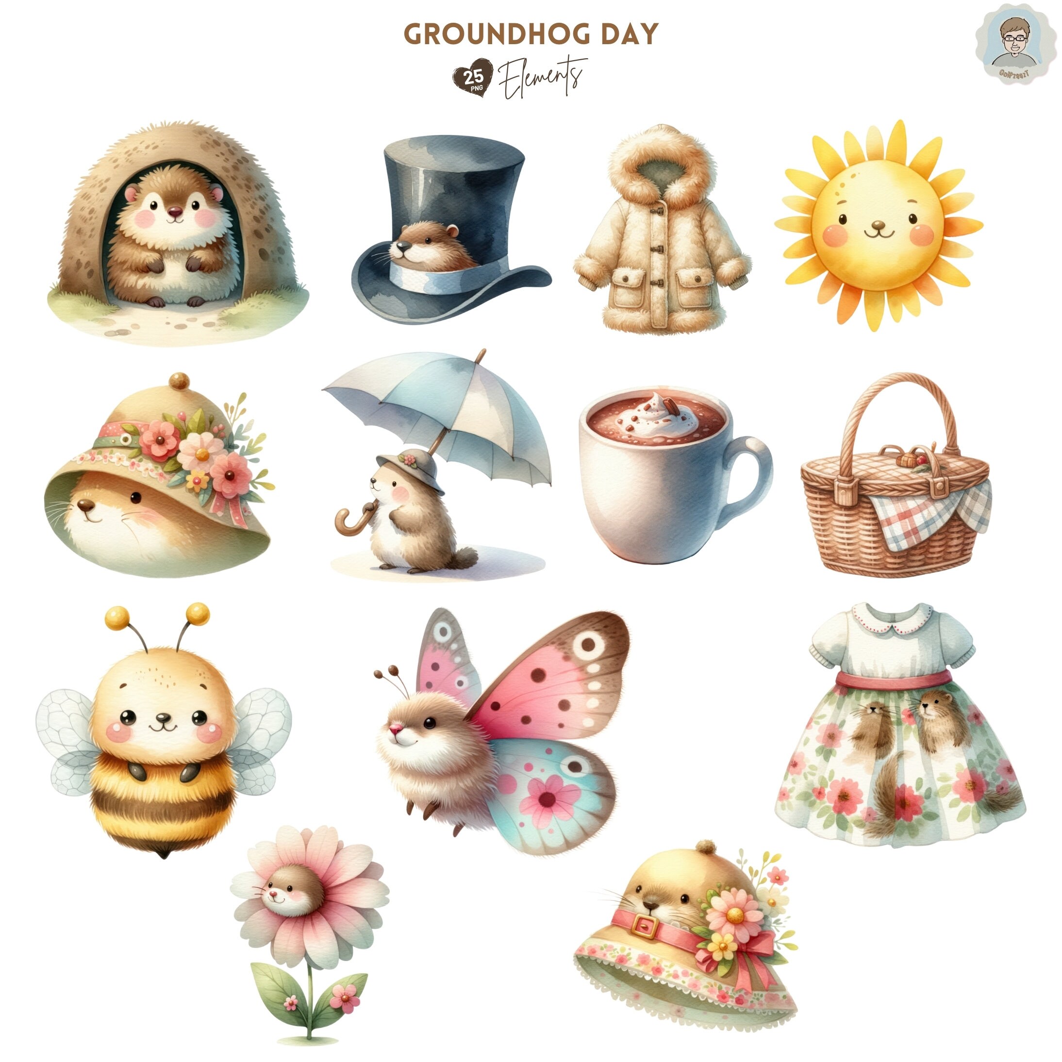 Cute Watercolor Groundhog Day Clipart, Happy Groundhog, Marmot Clipart ...
