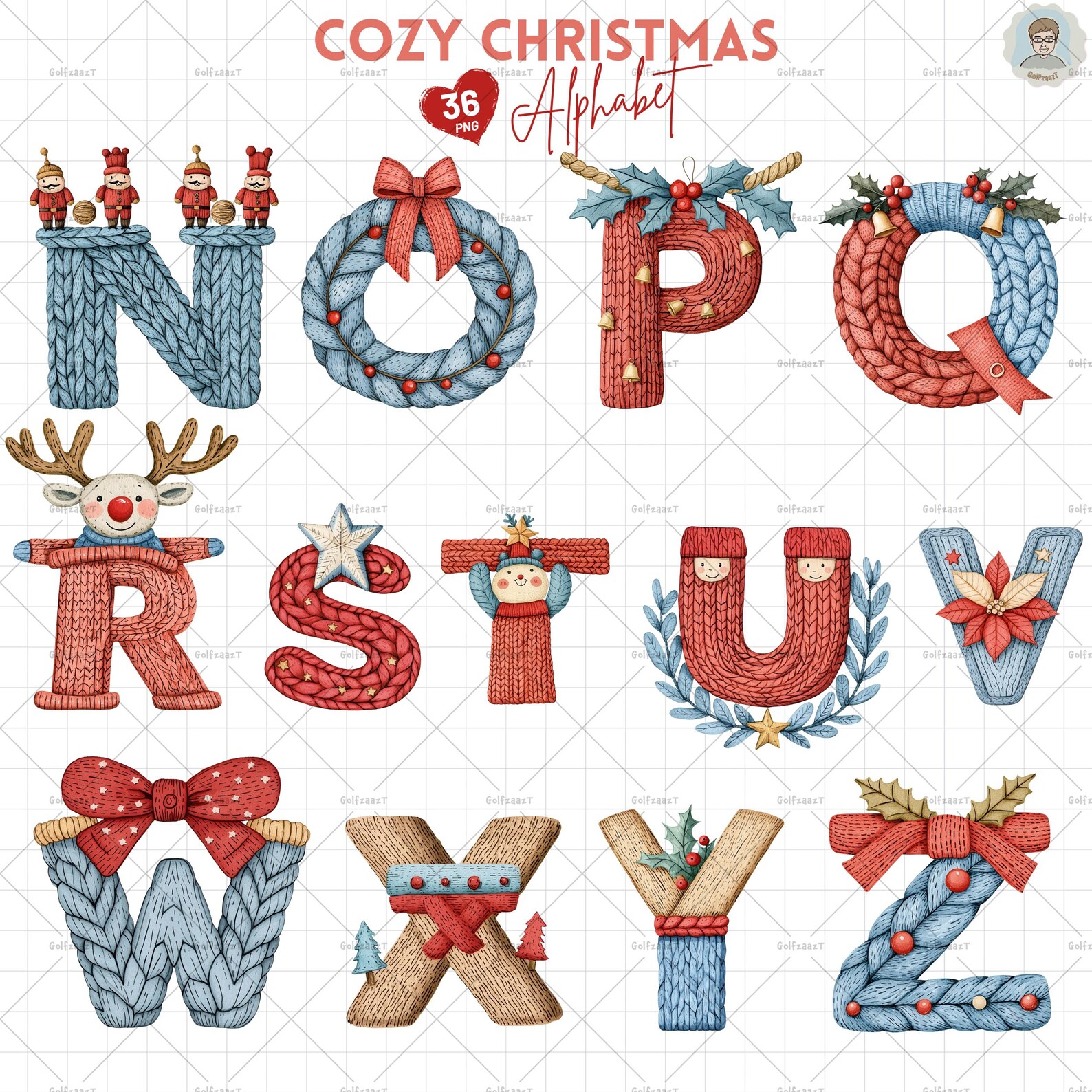 Cozy Christmas Alphabet Clipart, Knitted PNG Letters & Numbers, Bold ...
