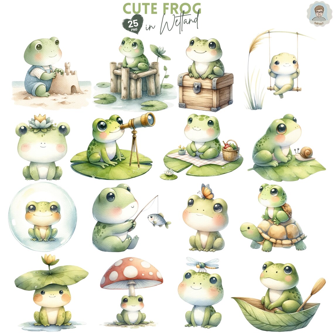 Cute Frog in Wetland Clipart, Whimsical Frogs PNG Collection, Love Frog ...